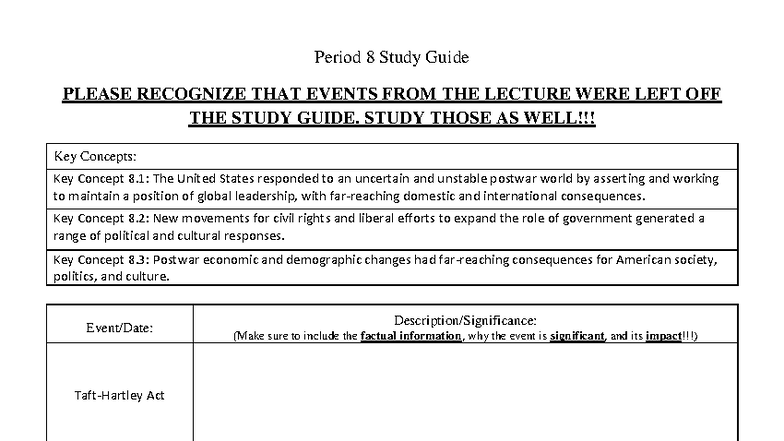 Period 8 Study Guide: Key Concepts and Events Overview - Studocu