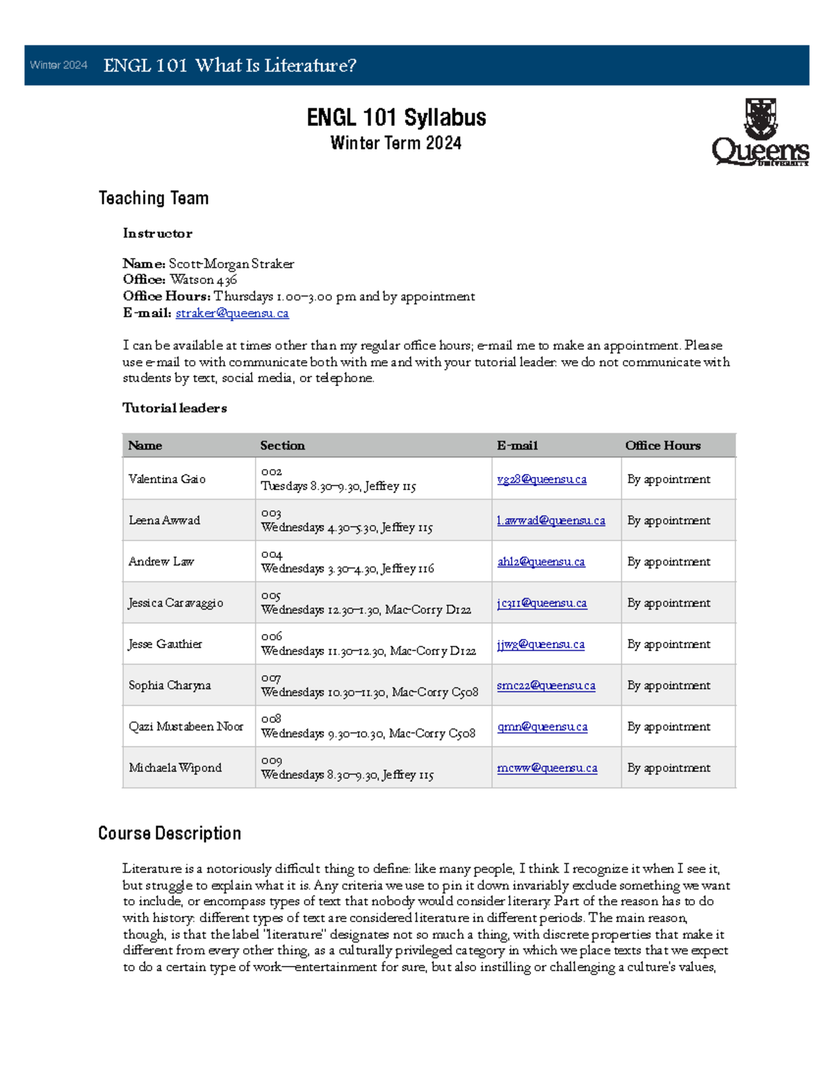 ENGL 101 Syllabus Overview for Winter Term 2024 at Queen's University ...