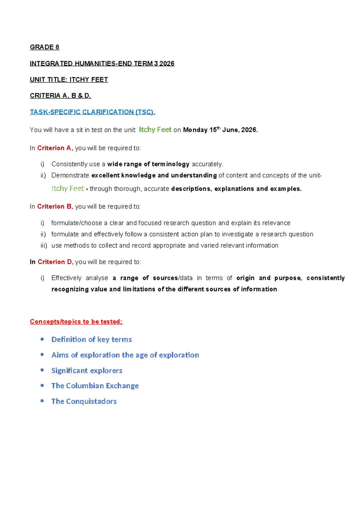 Grade 8 TSC Term 3 2026: Itchy Feet Unit Criteria A, B, D Guide - Studocu