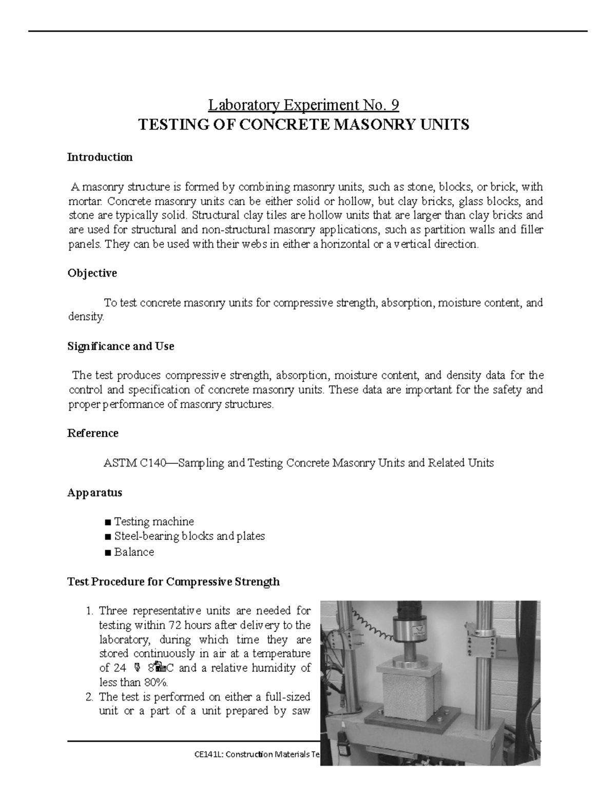 Laboratory Experiment No 9 Testing of Concrete Masonry - Laboratory ...