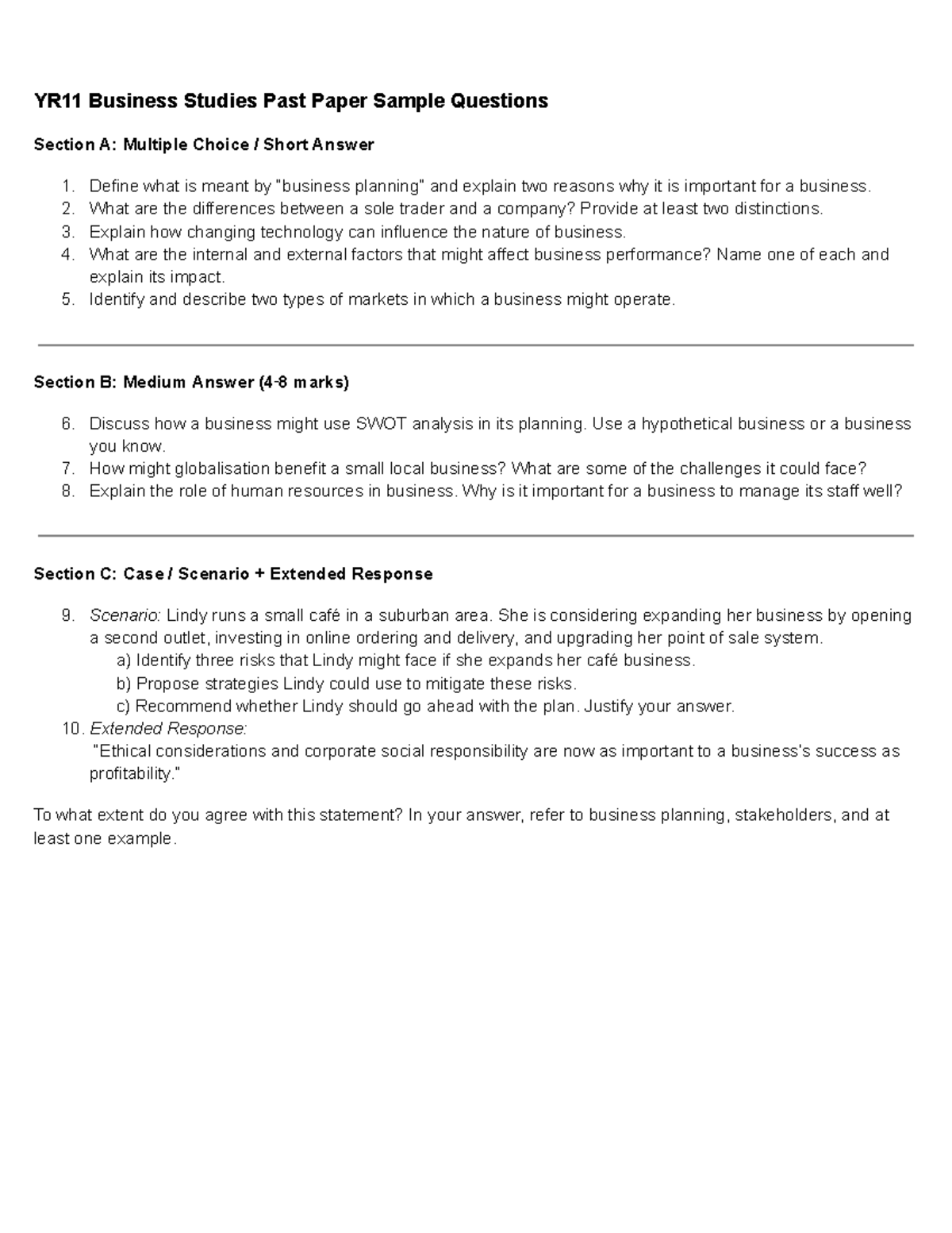 YR11 Business Studies Past Paper: Sample Qs & Case Study Analysis - Studocu