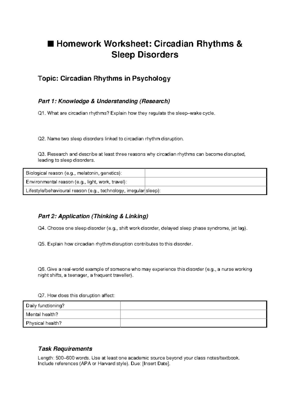 Circadian Rhythms in Psychology: Homework Worksheet (Part 1 & 2) - Studocu