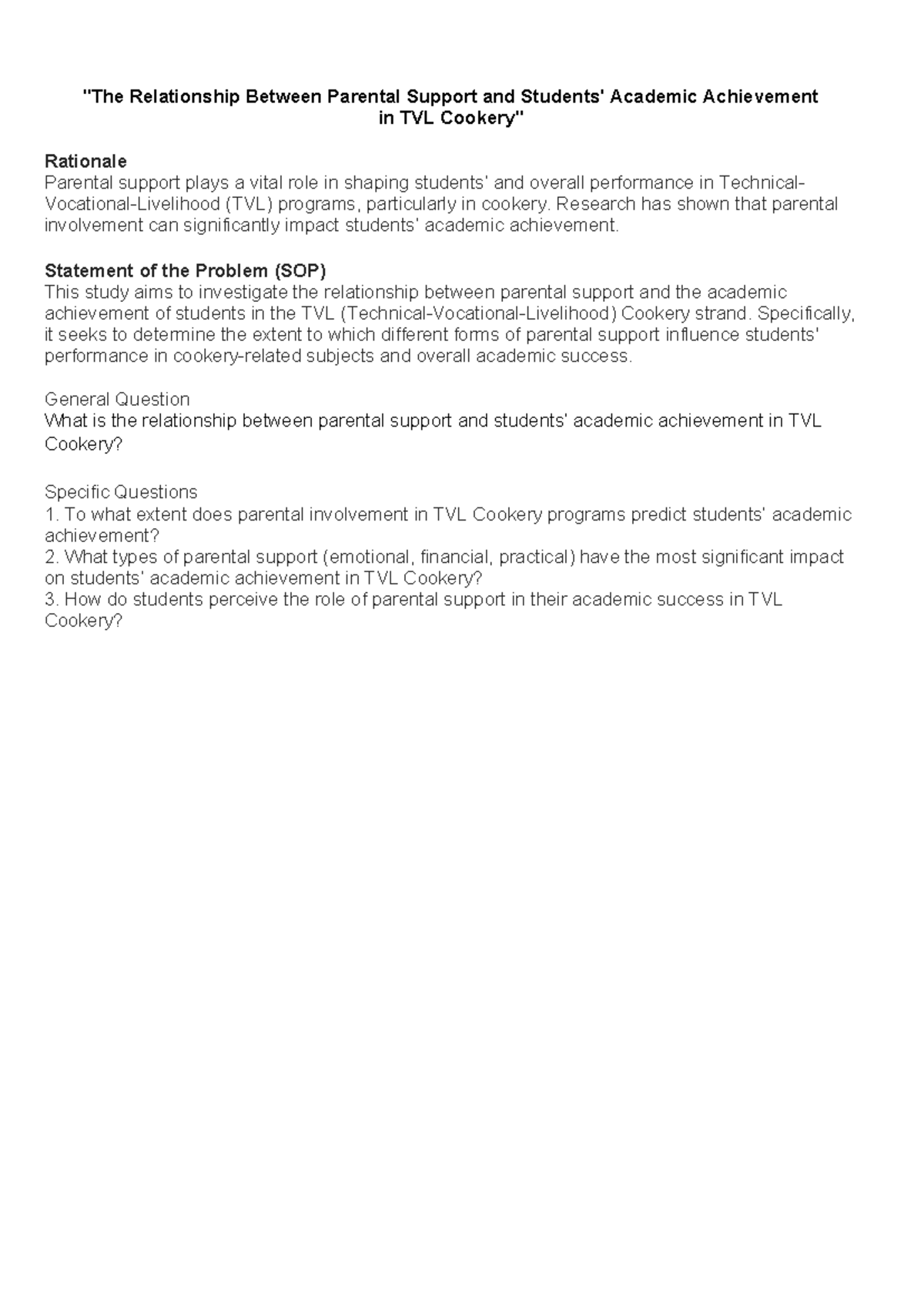 Parental Support and Academic Success in TVL Cookery Programs - Studocu