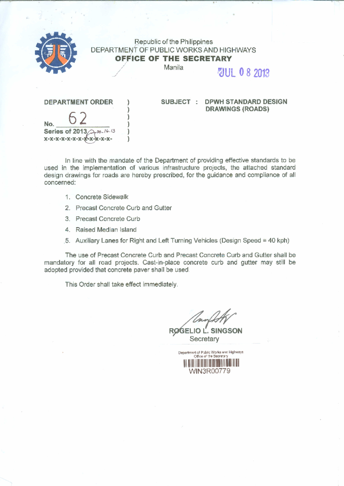 DO 062 S2013 - DPWH Standard Design Drawings for Roads - Studocu