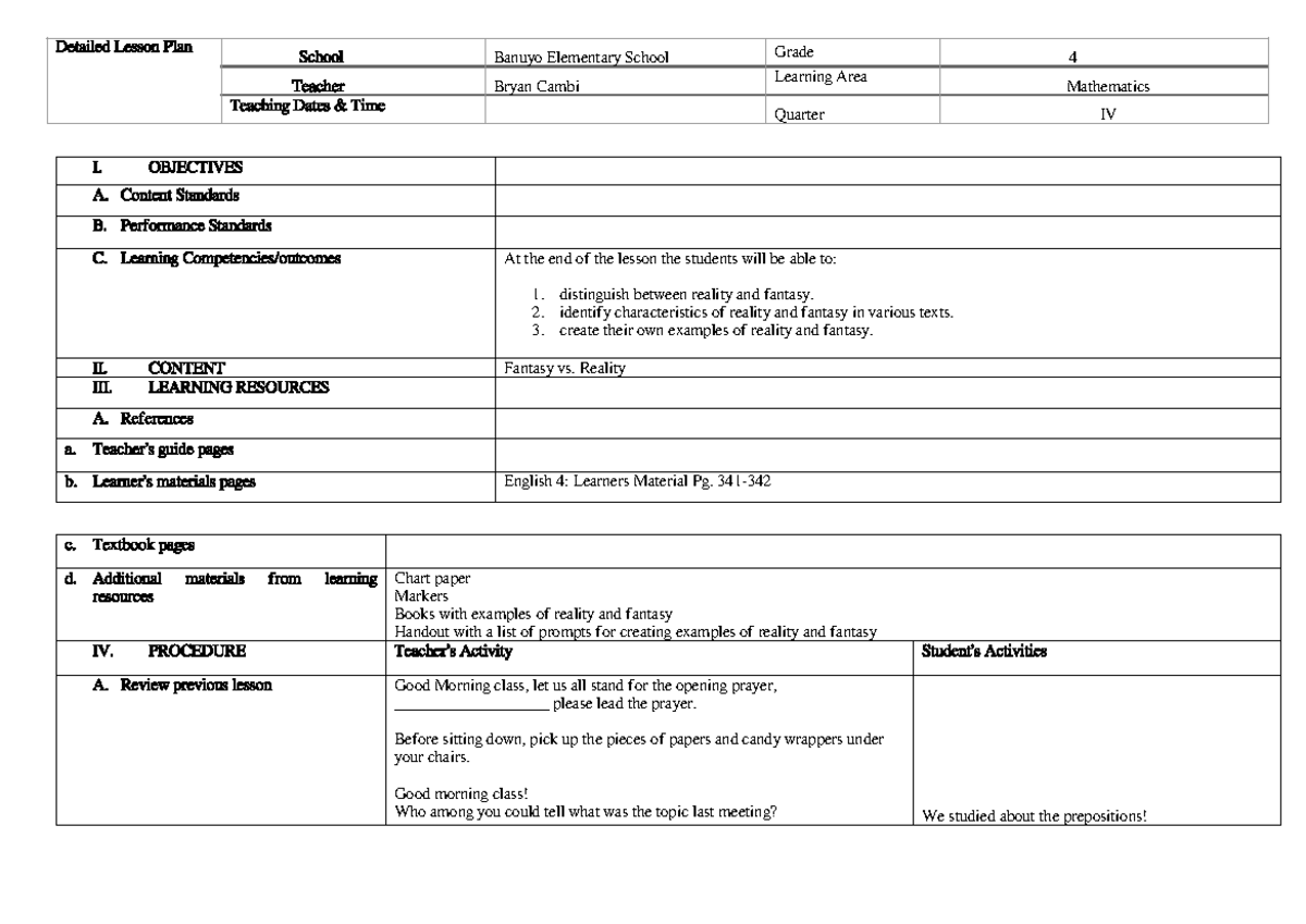 Sample lesson plan for elementary enlish - I. OBJECTIVES A. Content ...