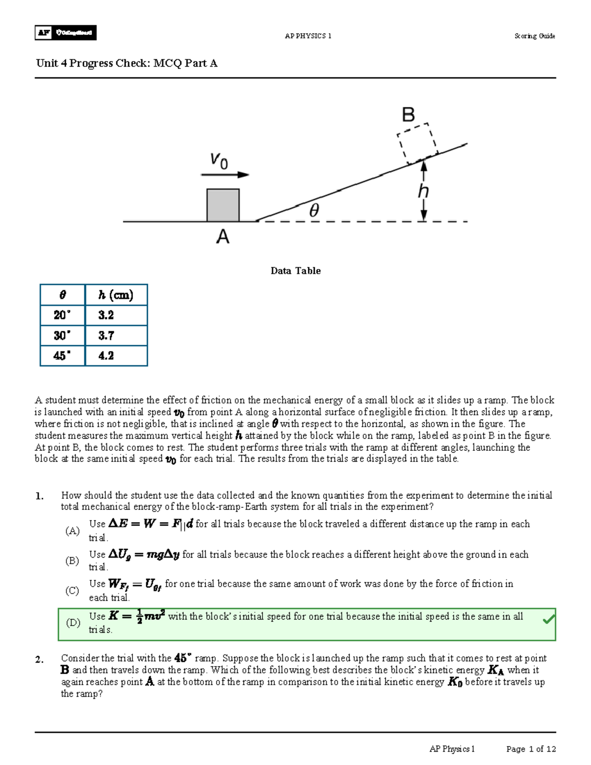 SG AP Physics 1 Unit 4 Progress Check: MCQ Part A Review - Studocu