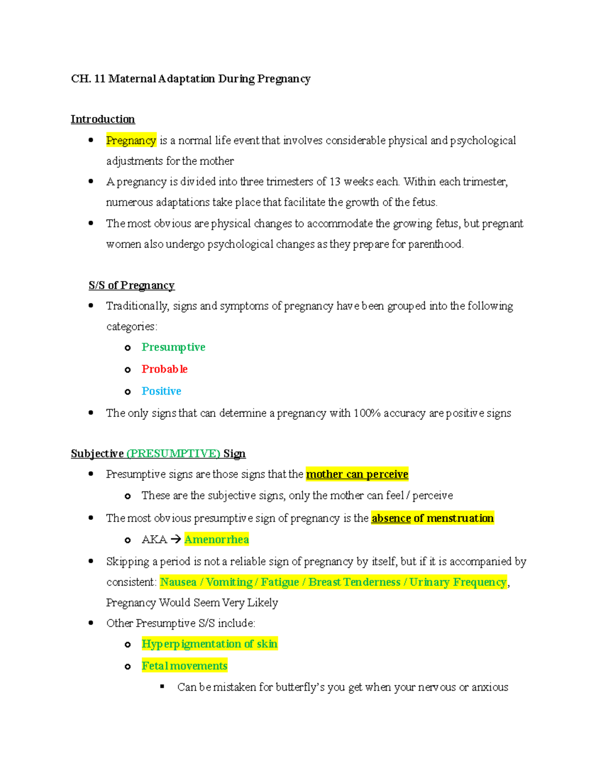 CH. 11 Maternal Adaptation During Pregnancy: Physiological Changes ...