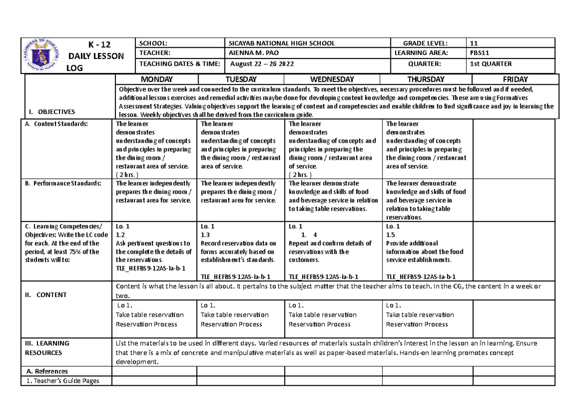DLL-IN-FBS-week-1 Grade-11 - K - 12 DAILY LESSON LOG SCHOOL: SICAYAB NATIONAL HIGH SCHOOL GRADE ...