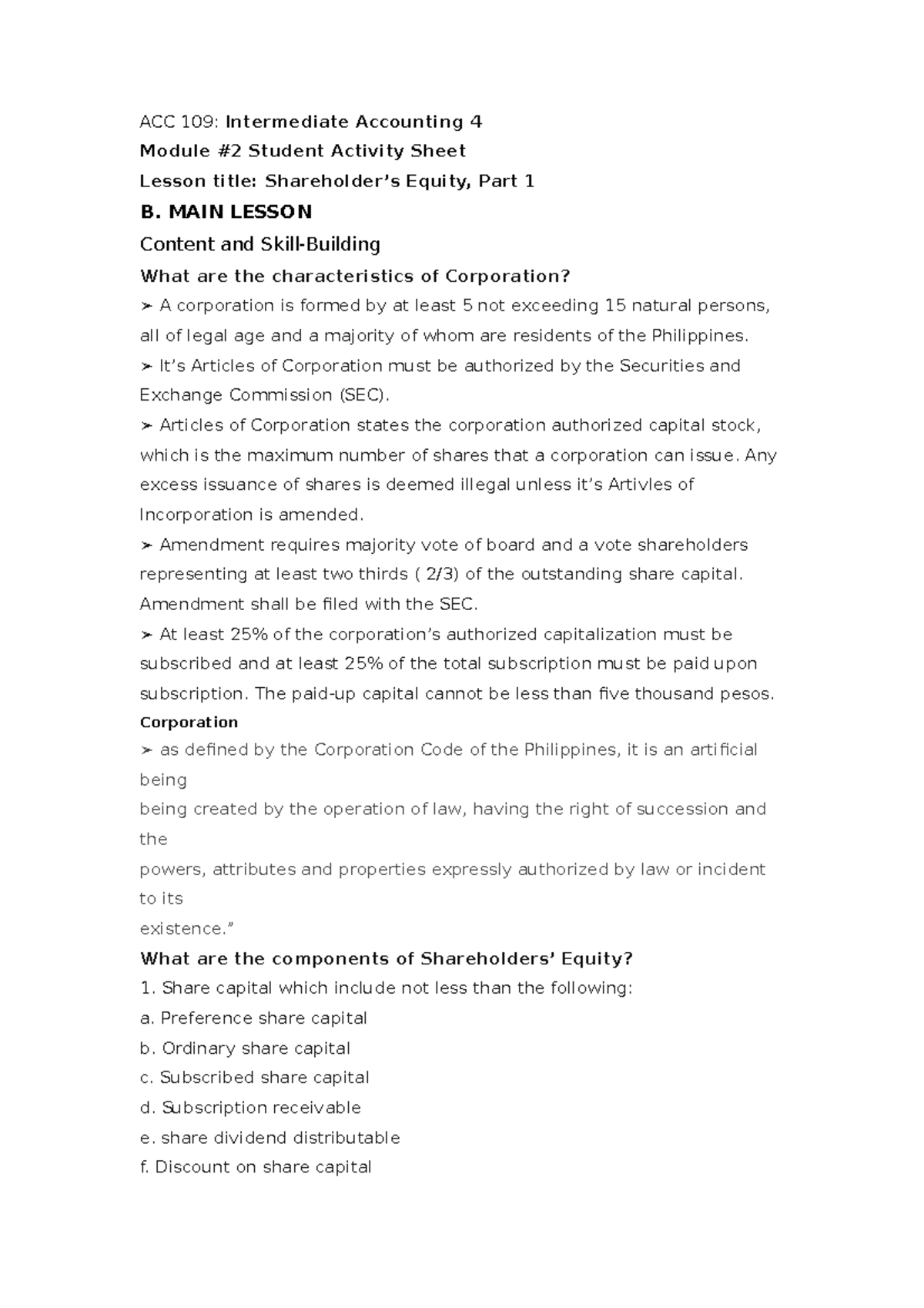 ACC 109 - Shareholder's Equity: Key Concepts and Activities (Module 2 ...