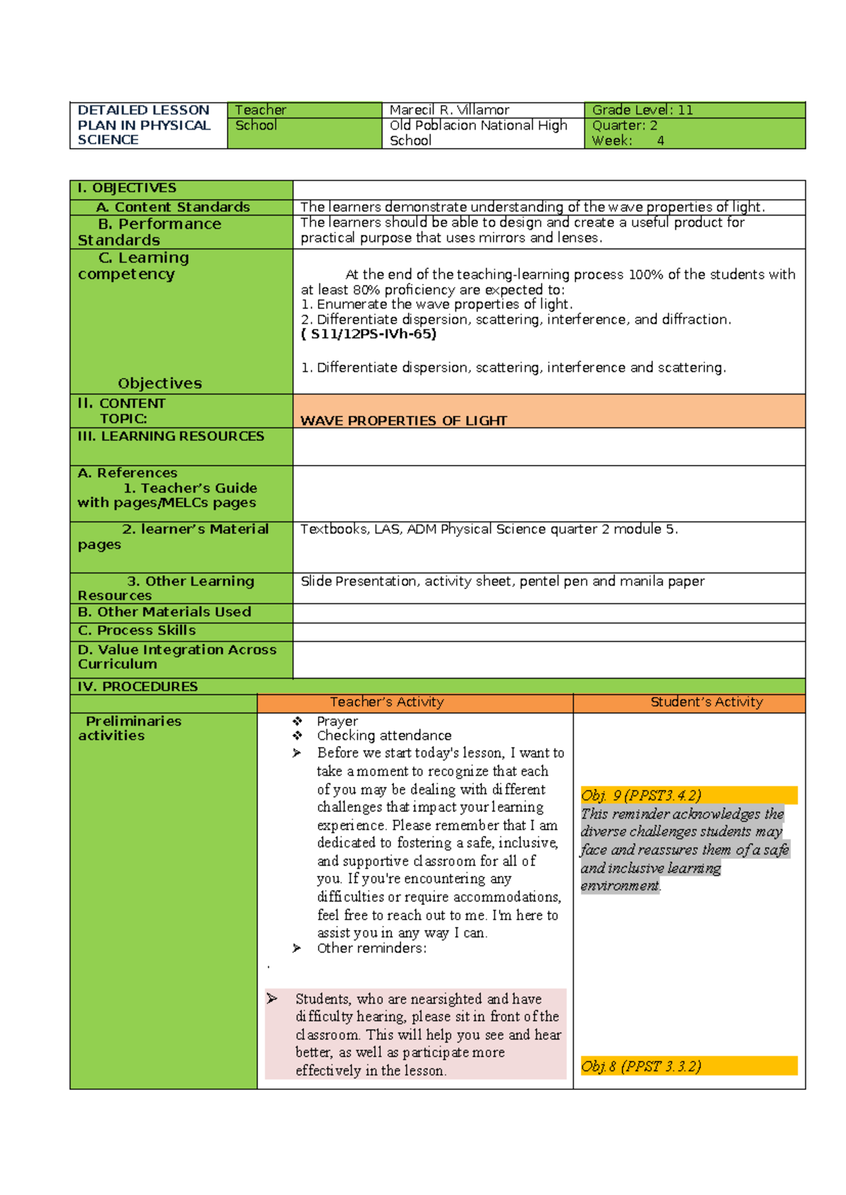 Detailed Lesson Plan on Wave Properties of Light - CO 11 - Studocu