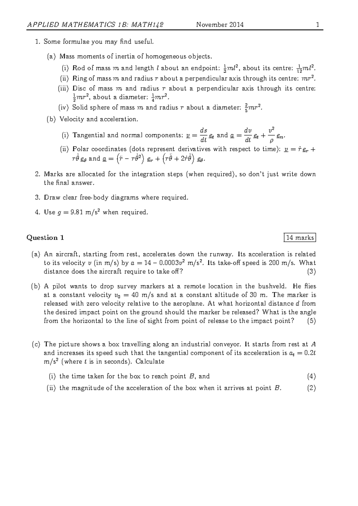 MATH142: Applied Mathematics 1B November 2014 Exam Practice - Studocu