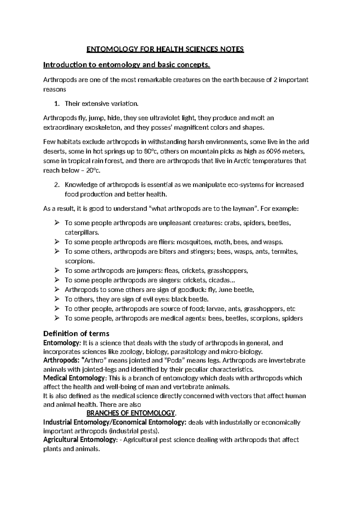 ENT 101: Comprehensive Notes on Medical Entomology and Arthropods - Studocu