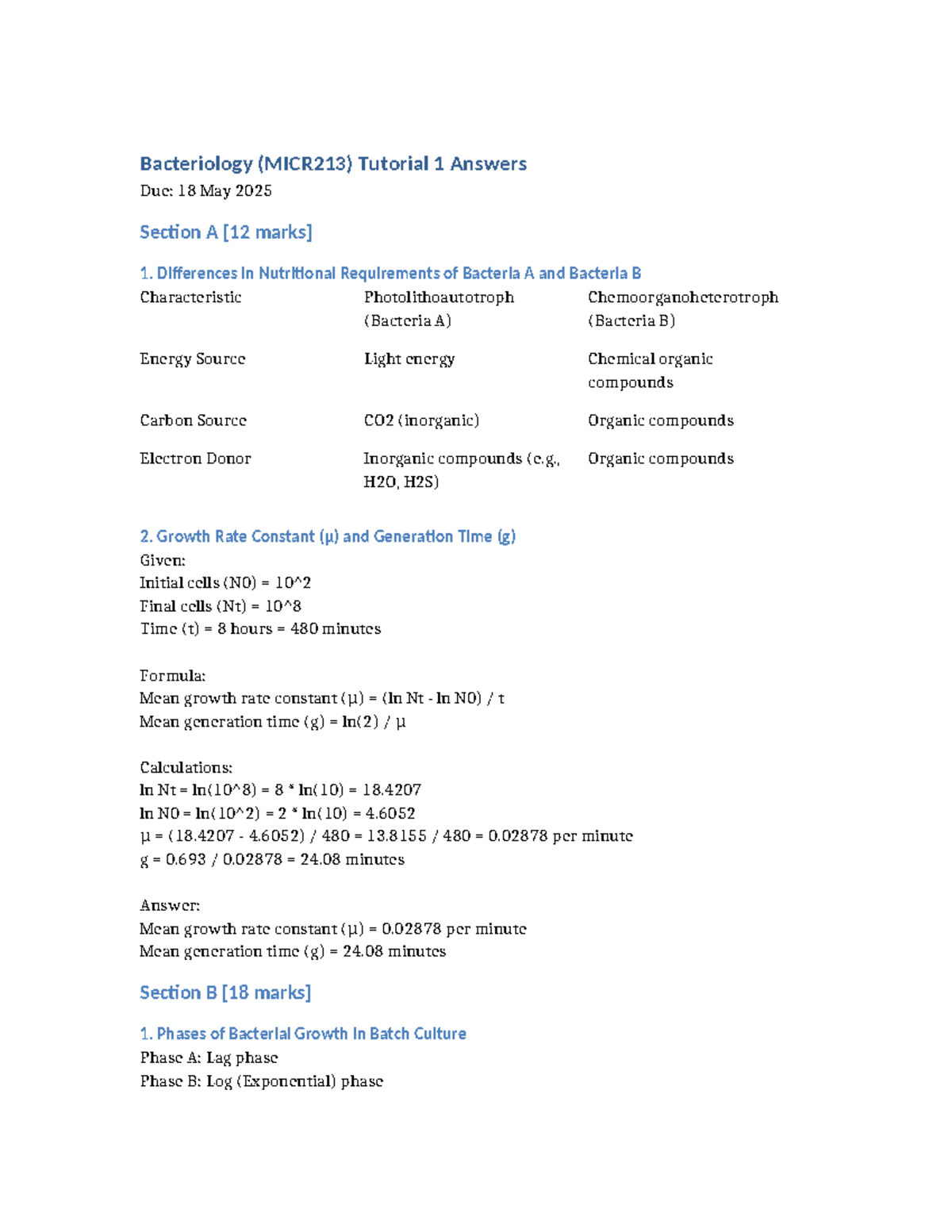 Bacteriology (MICR213) Tutorial 1: Nutritional Requirements & Growth ...