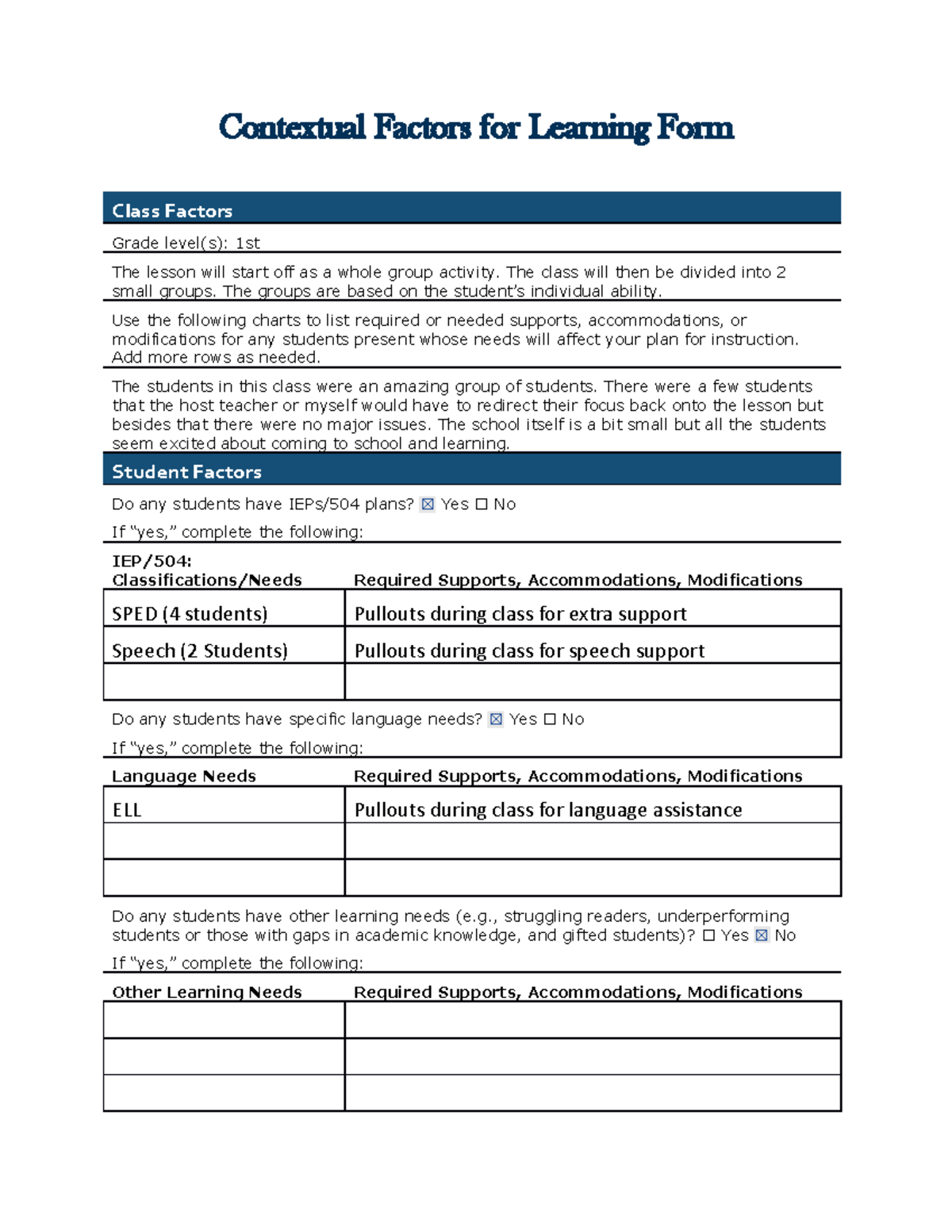 Contextual factors for learning form task1 - Contextual Factors for ...