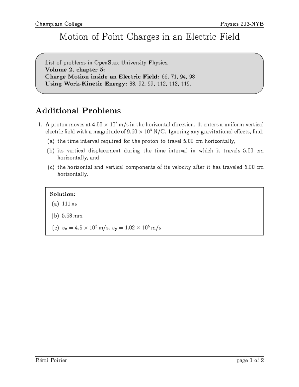 Champlain College PHYS 201: Charge Motion in Electric Fields Problems - Studocu