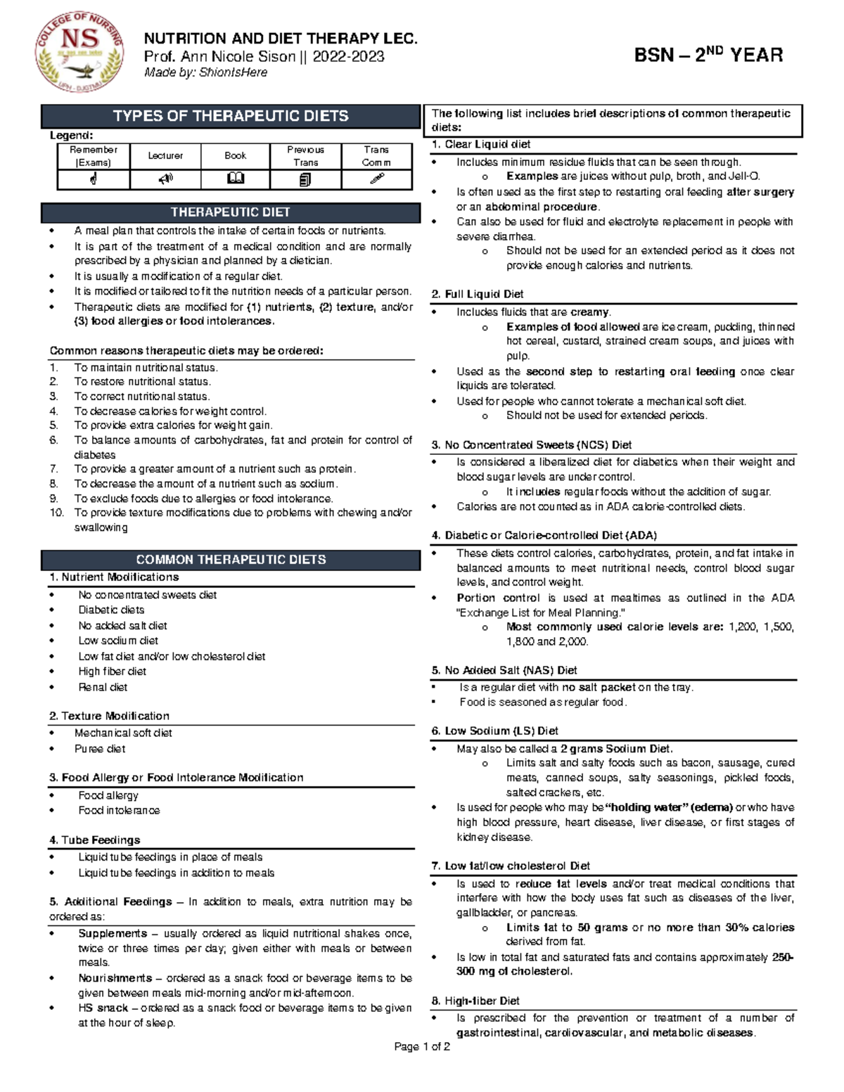 NCM 105 LEC Final Exam Study Guide on Therapeutic Diets - Studocu