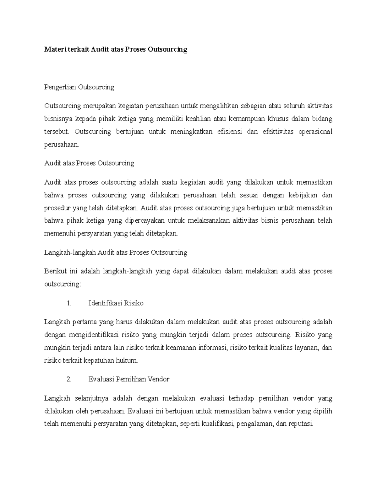 Materi Audit Proses Outsourcing: Langkah dan Evaluasi Efektif - Studocu