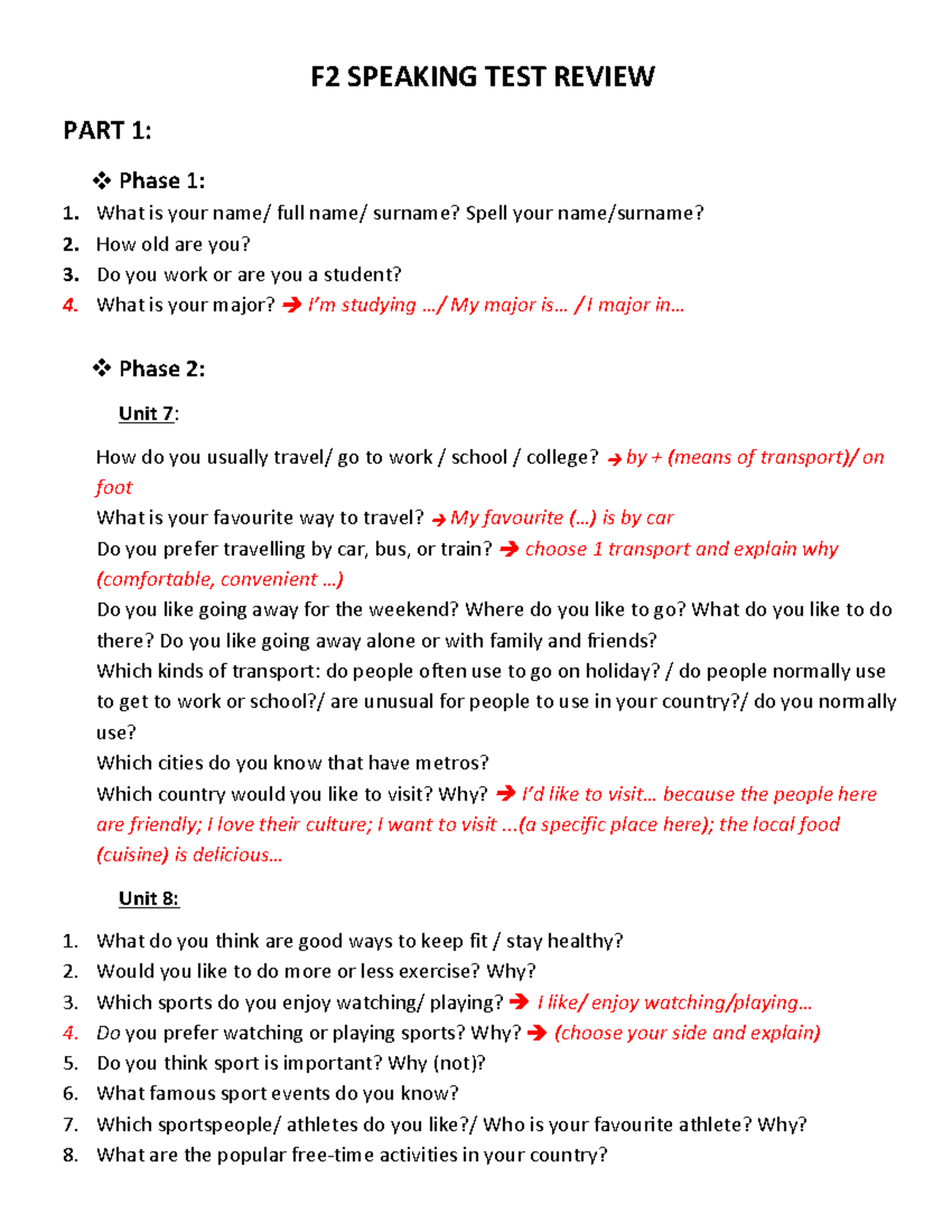F2 SPEAKING TEST REVIEW: Key Questions & Topics - Studocu