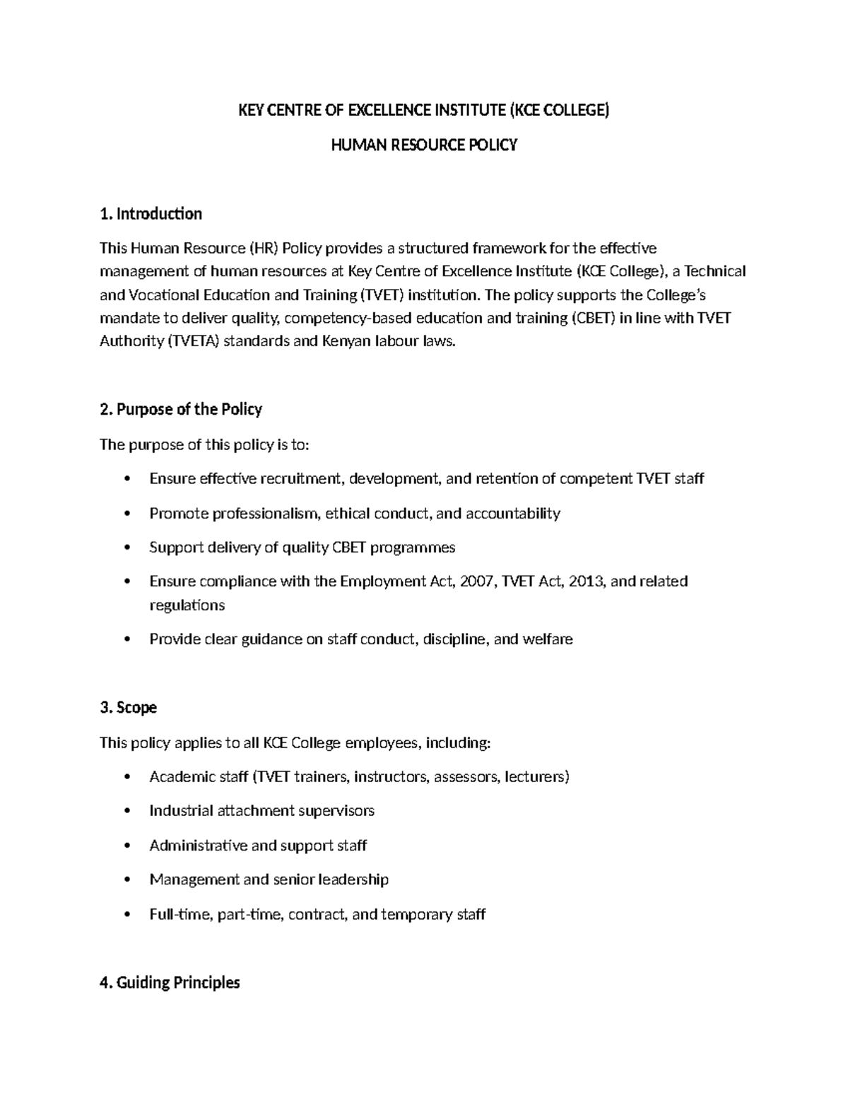 KCE College HR Policy: Framework for Effective Staff Management - Studocu