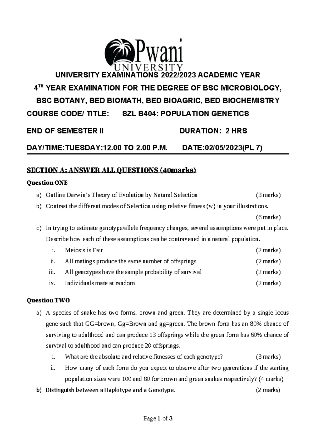 SZL B404: End of Semester II Exam Notes on Population Genetics - Studocu