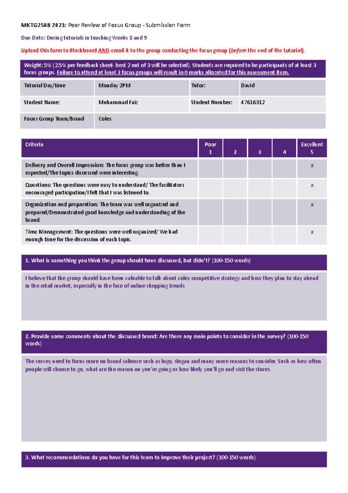 MKTG2508 2023: Peer Review Form for Focus Group Assessment - Studocu