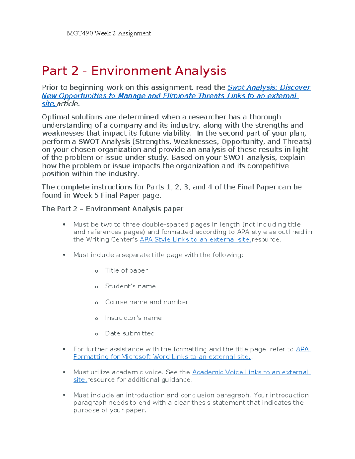 MGT490 Week 2 Assignment: SWOT Analysis of MAP International - Studocu