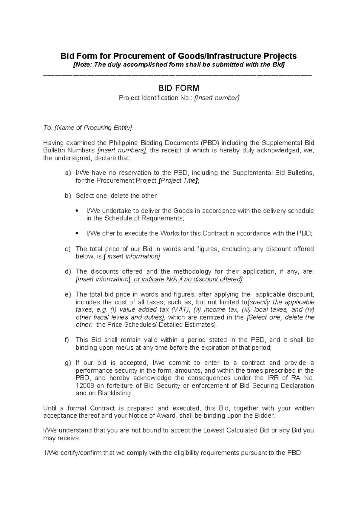 NGPA Bid Form for Procurement of Goods and Infrastructure Projects ...