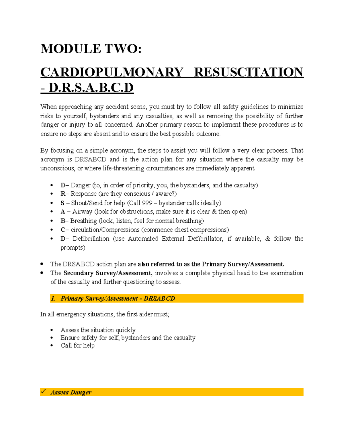 Module 2: DRSABCD in Cardiopulmonary Resuscitation (CPR) - Studocu