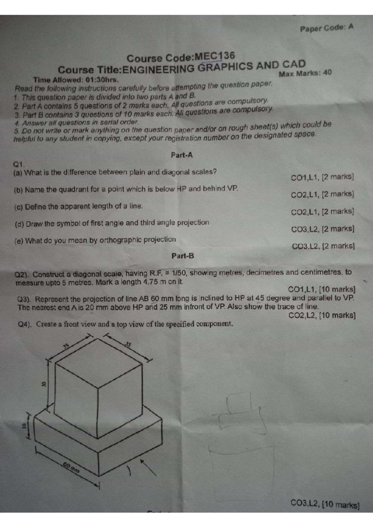 MEC136: Engineering Graphics & CAD - Question Paper with Instructions ...