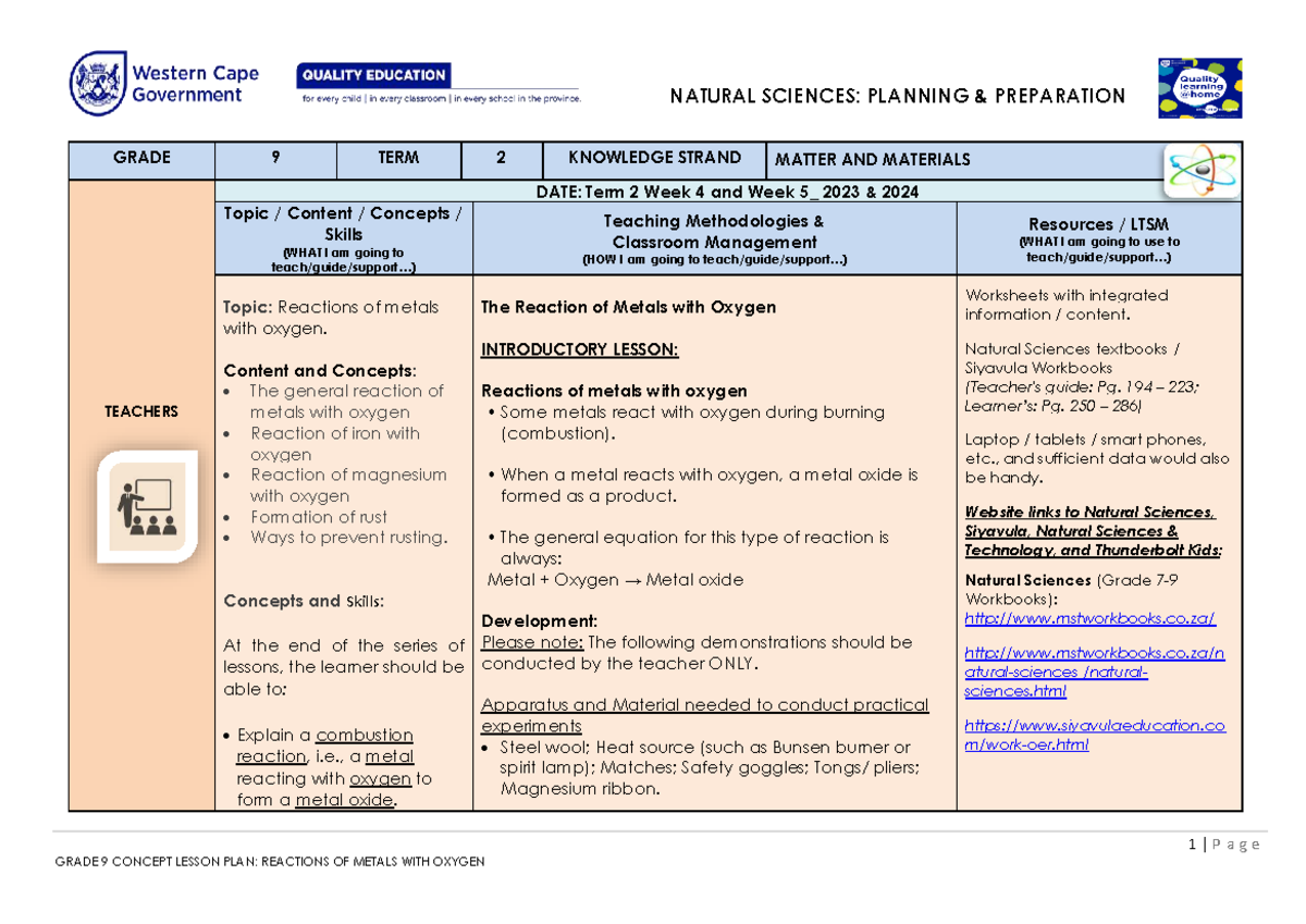 GRADE 9 NATURAL SCIENCES LESSON PLAN: REACTIONS OF METALS WITH OXYGEN ...