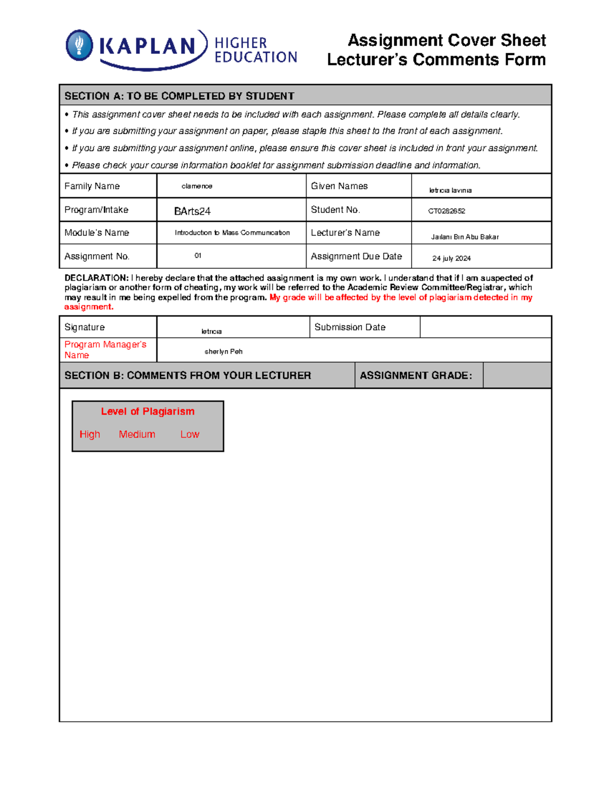 Assignment Cover Sheet for Submission (Include with Each Task) - Studocu