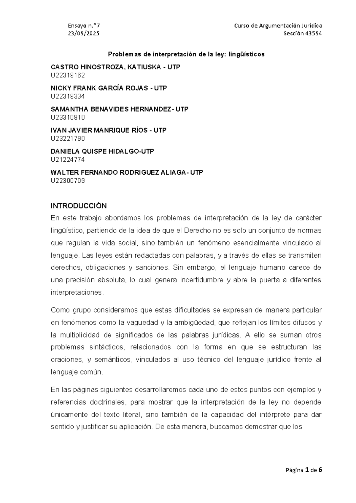 Problemas Lingüísticos en la Interpretación de la Ley - Ensayo 7 UTP ...