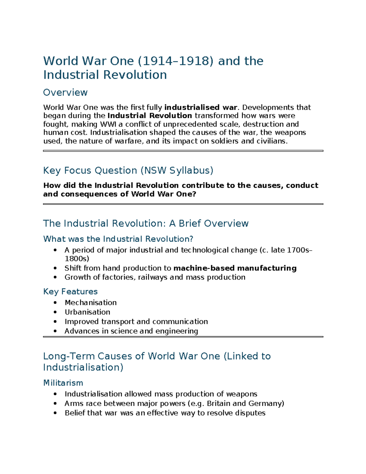 NSW Preliminary Modern History: WWI & Industrial Revolution Study Notes ...