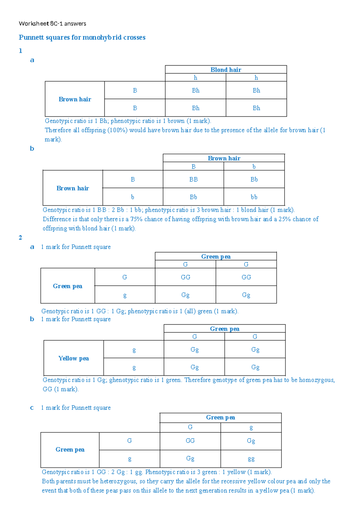 Worksheet 8C-1 Answers: Genetics & Punnett Squares Overview - Studocu