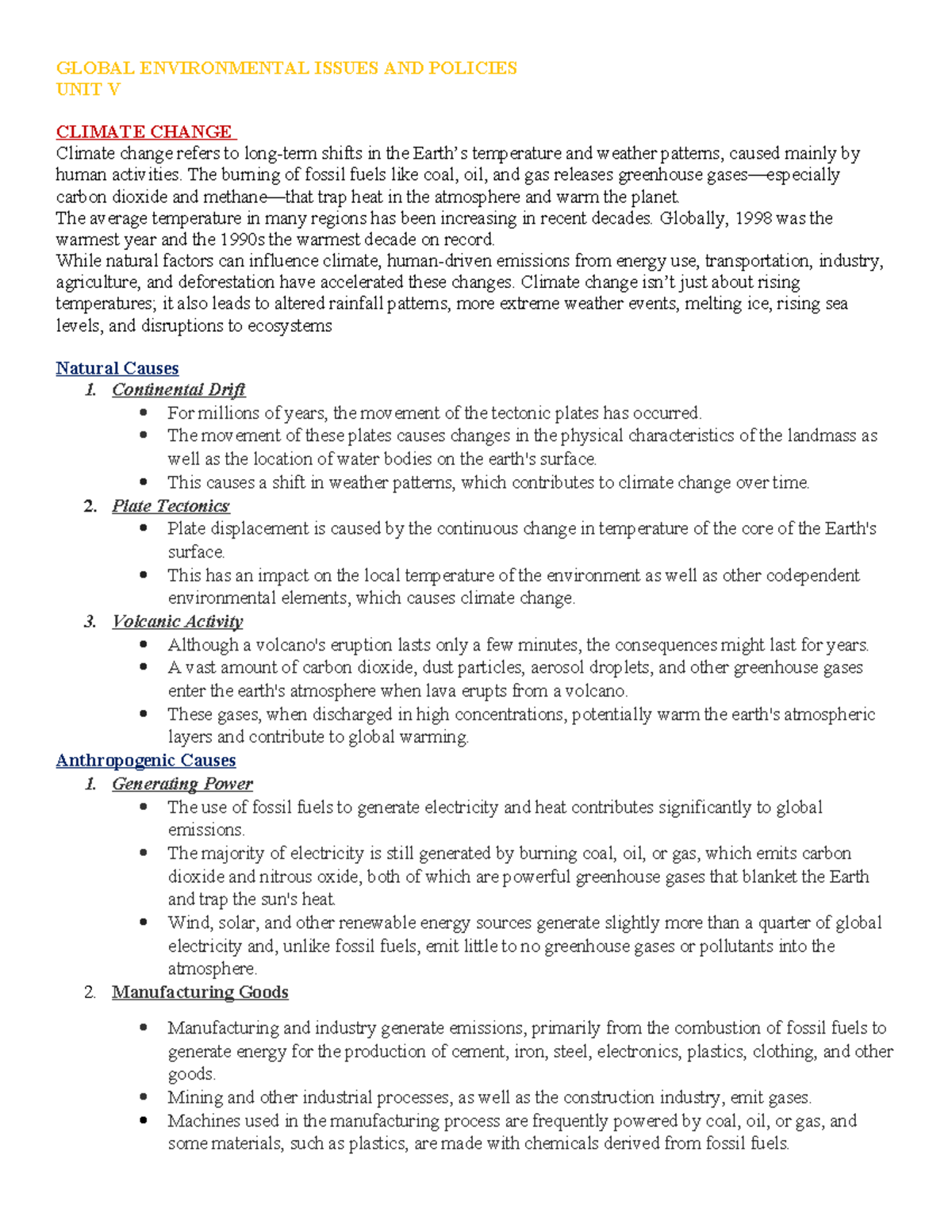 UNIT V - Climate Change: Global Environmental Issues and Policies - Studocu