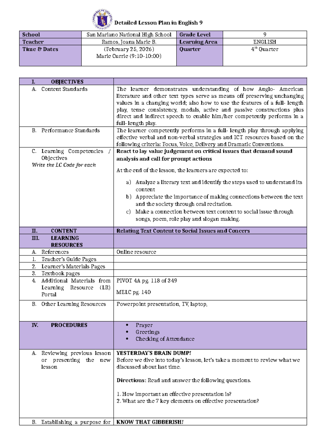 Detailed Lesson Plan for English 9: Relating Text to Social Issues ...
