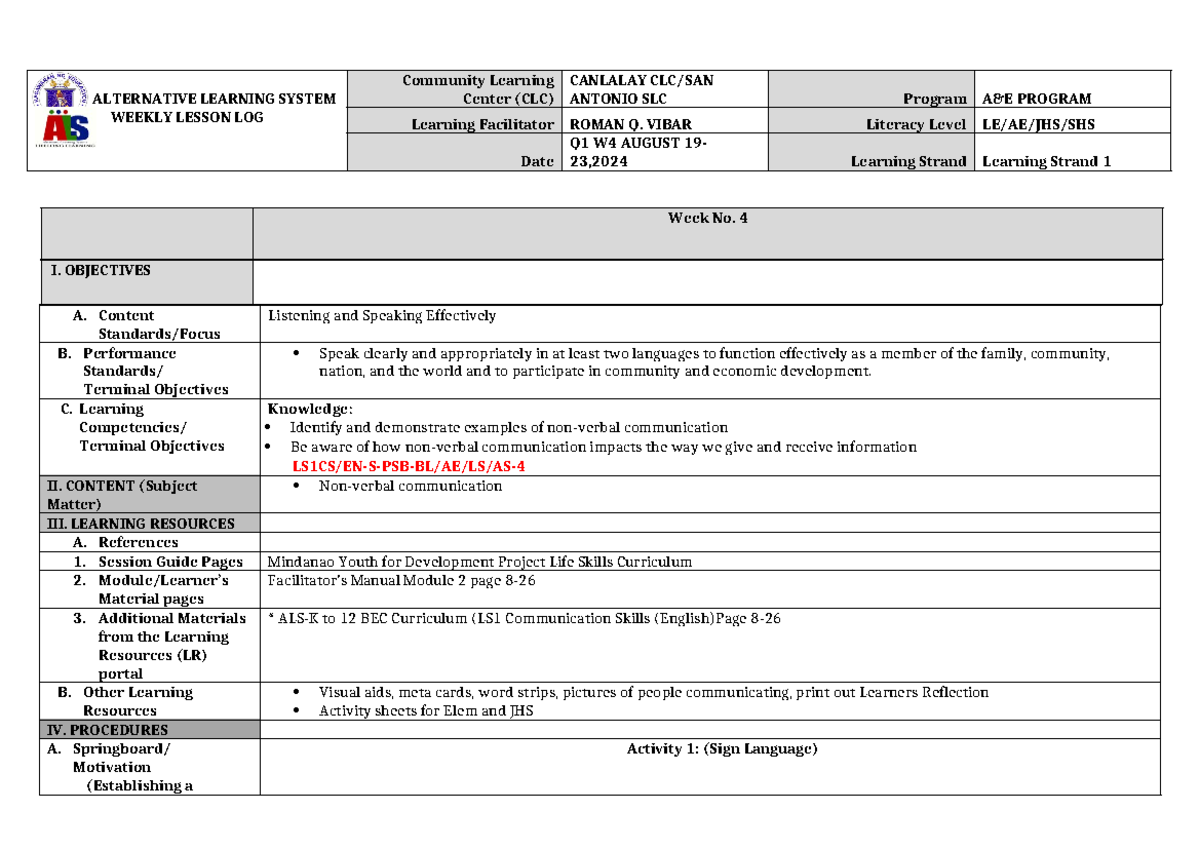 WEEK 4 WLL - weekly learning log - ALTERNATIVE LEARNING SYSTEM WEEKLY ...
