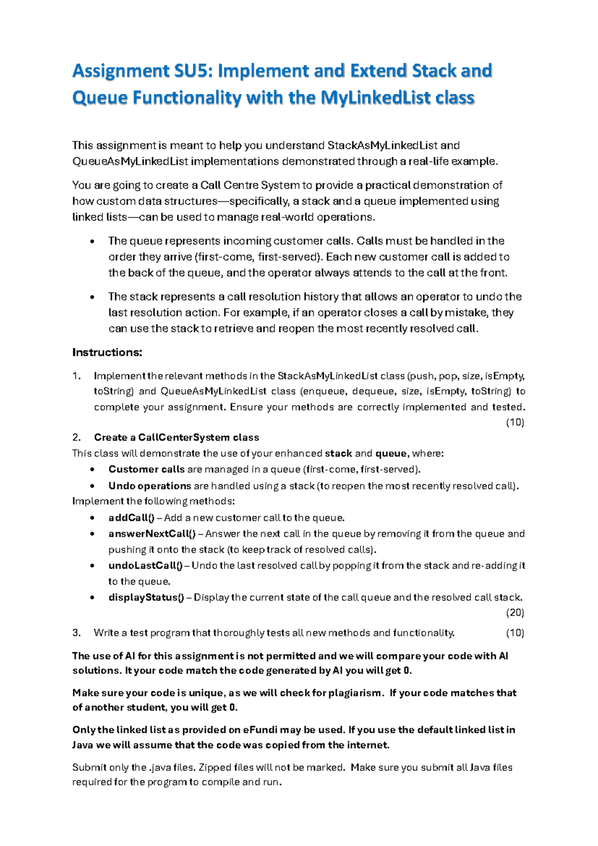 Assignment SU5: Stack & Queue Implementation in Call Centre System - Studocu