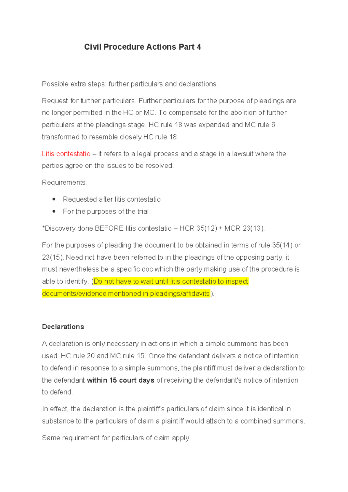 Civil Procedure Actions Part 4: Further Particulars & Declarations ...