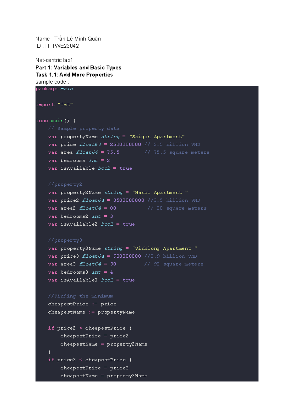 Netcentric Lab 1: Variables, Arrays, and Property Analysis (ITITWE23042 ...