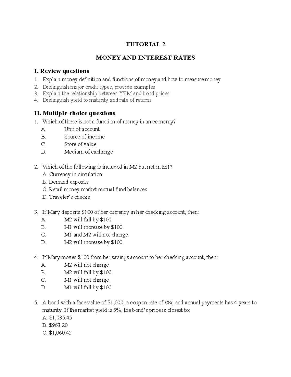 2025 Tutorial 2: Money and Interest Rates Review Questions - Studocu