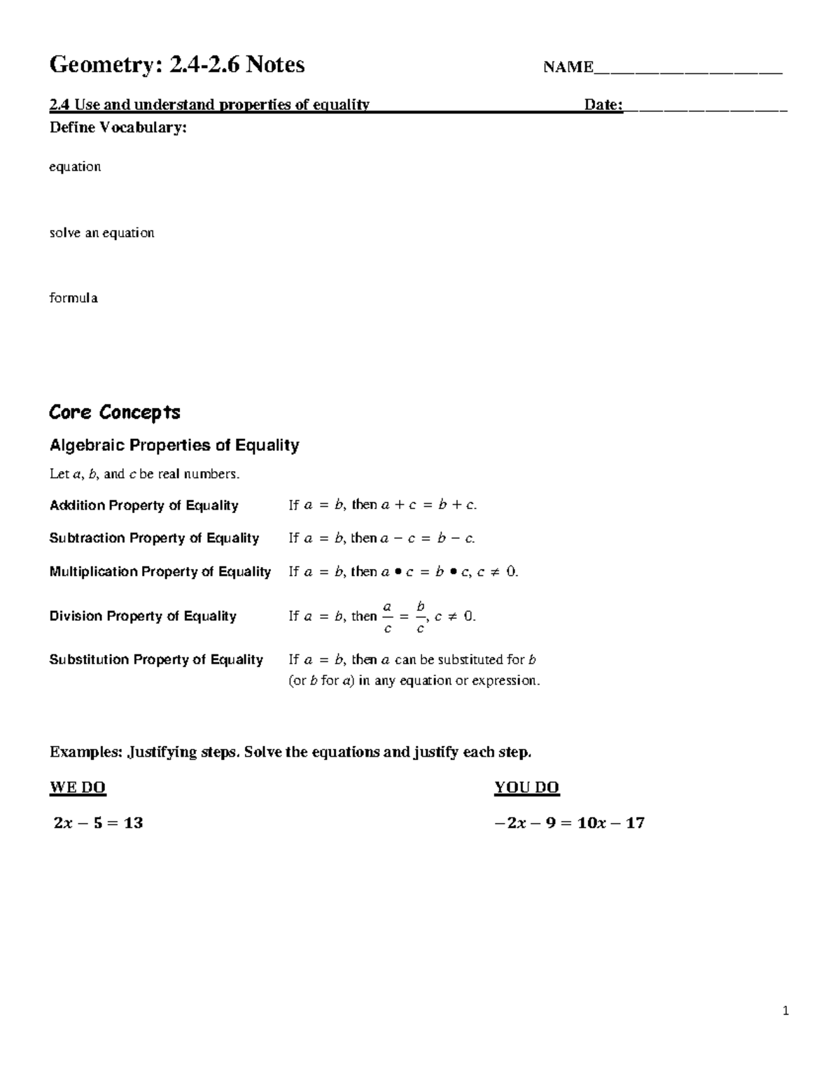 Geometry 2.4-2.6 Notes: Properties of Equality & Proofs - Studocu