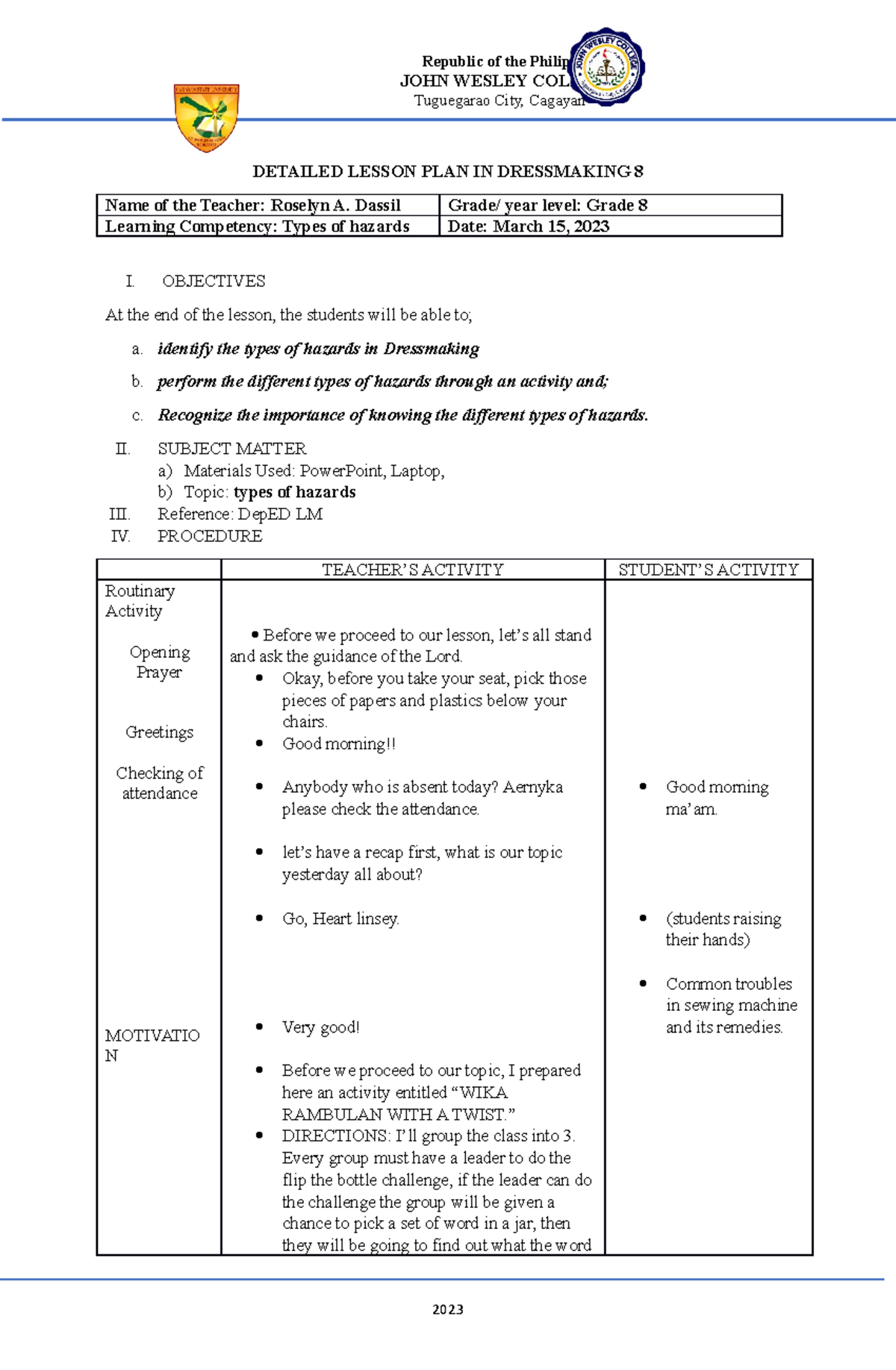 DLP7 types of hazards - JOHN WESLEY COLLEGE Tuguegarao City, Cagayan ...