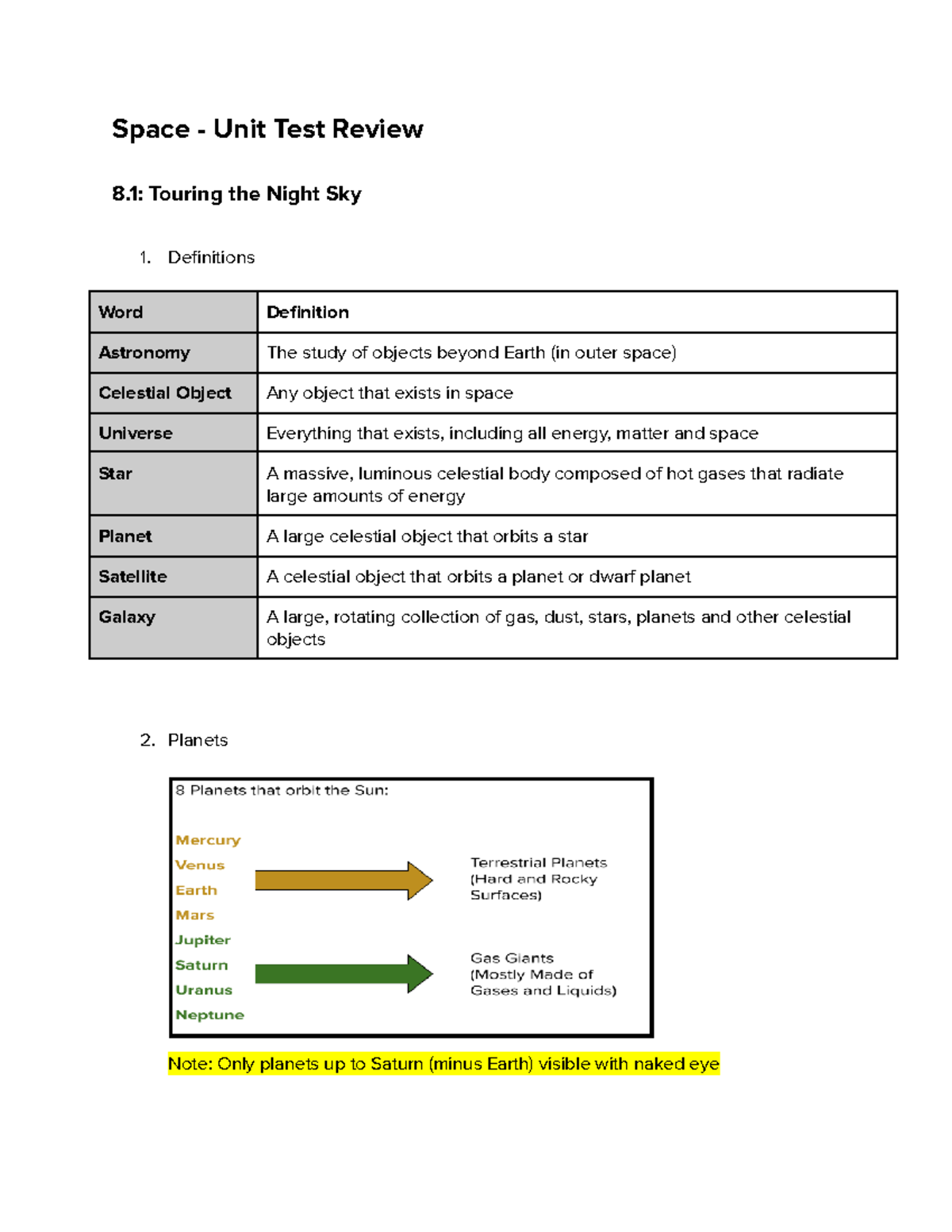 SNC1D (Grade 9 Science) - Space Summary/Test Review - Space - Unit Test ...