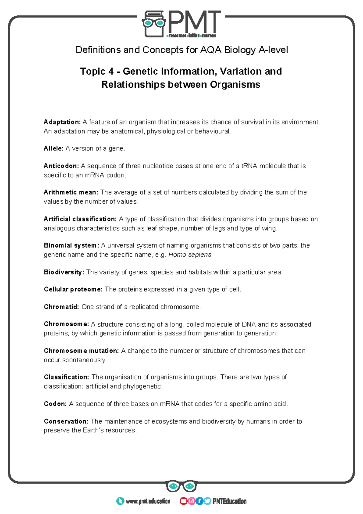 AQA Biology Topic 4: Key Definitions on Genetic Info & Variation - Studocu