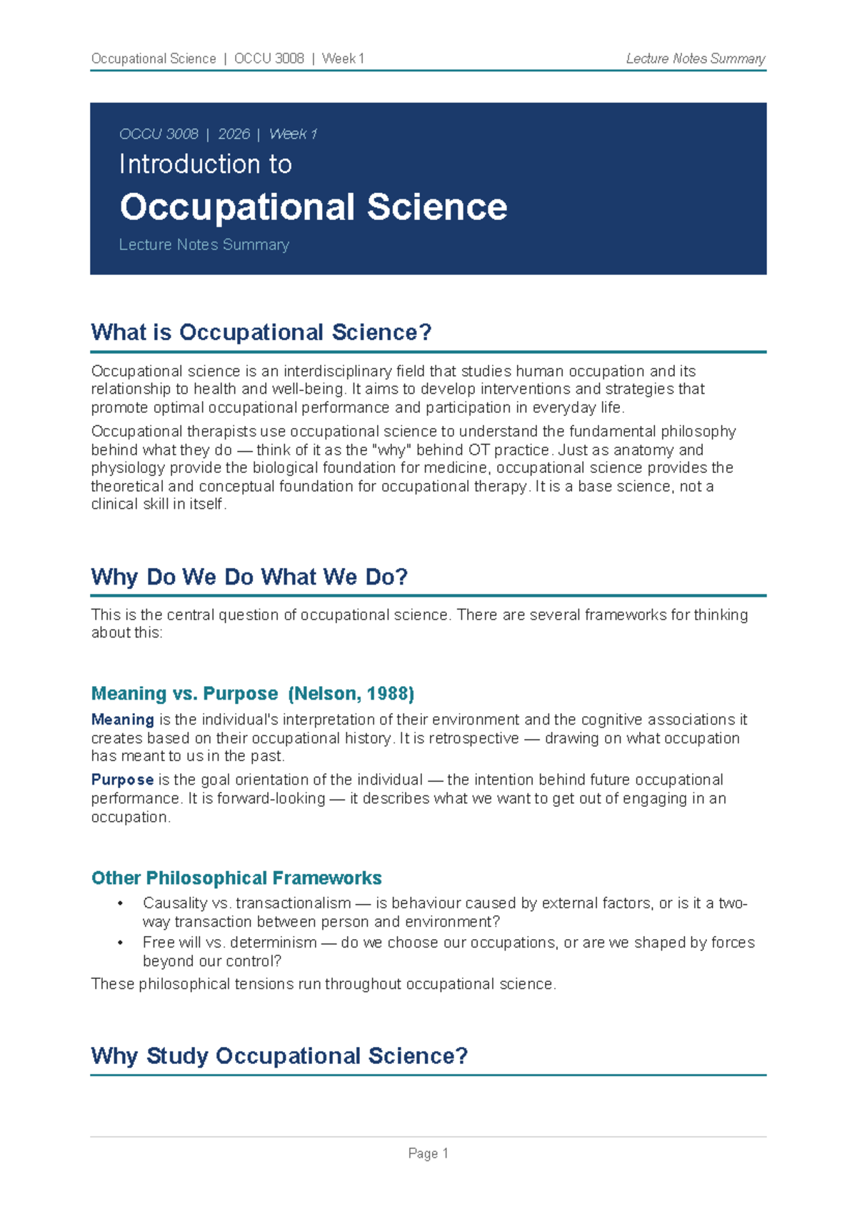 Occupational Science OCCU 3008 Week 1 Lecture Notes Summary - Studocu