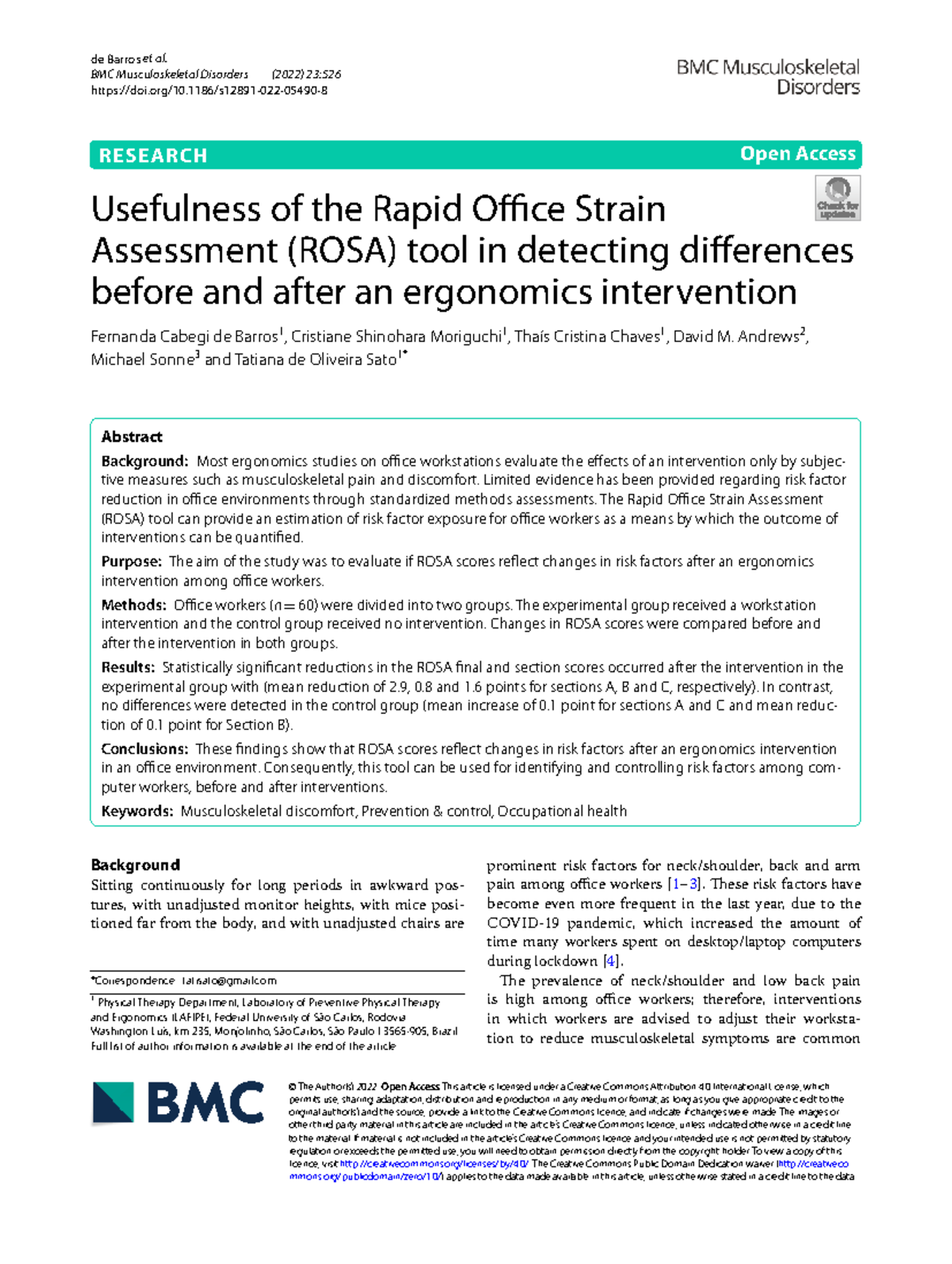 Usefulness of ROSA Tool in Ergonomics Interventions for Office Workers ...