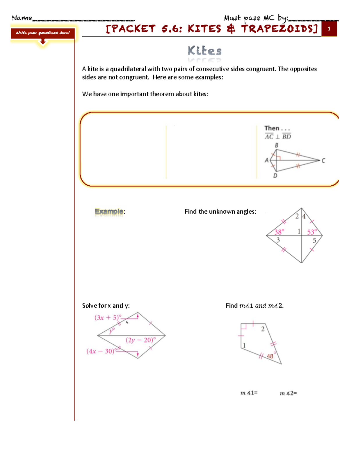 Honors Geometry Packet 5.6: Kites and Trapezoids Study Guide - Studocu