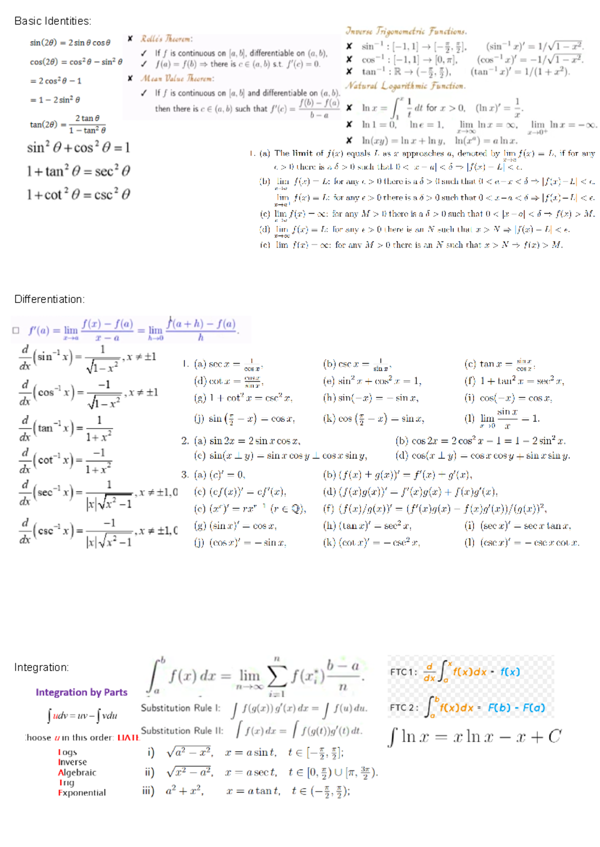 MA2002 reference - MA2001 - Basic Identities: Differentiation ...