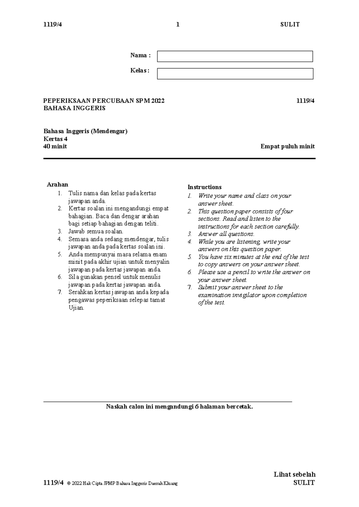 P4 - 2022 SPM English Listening Trial Question Paper - Studocu